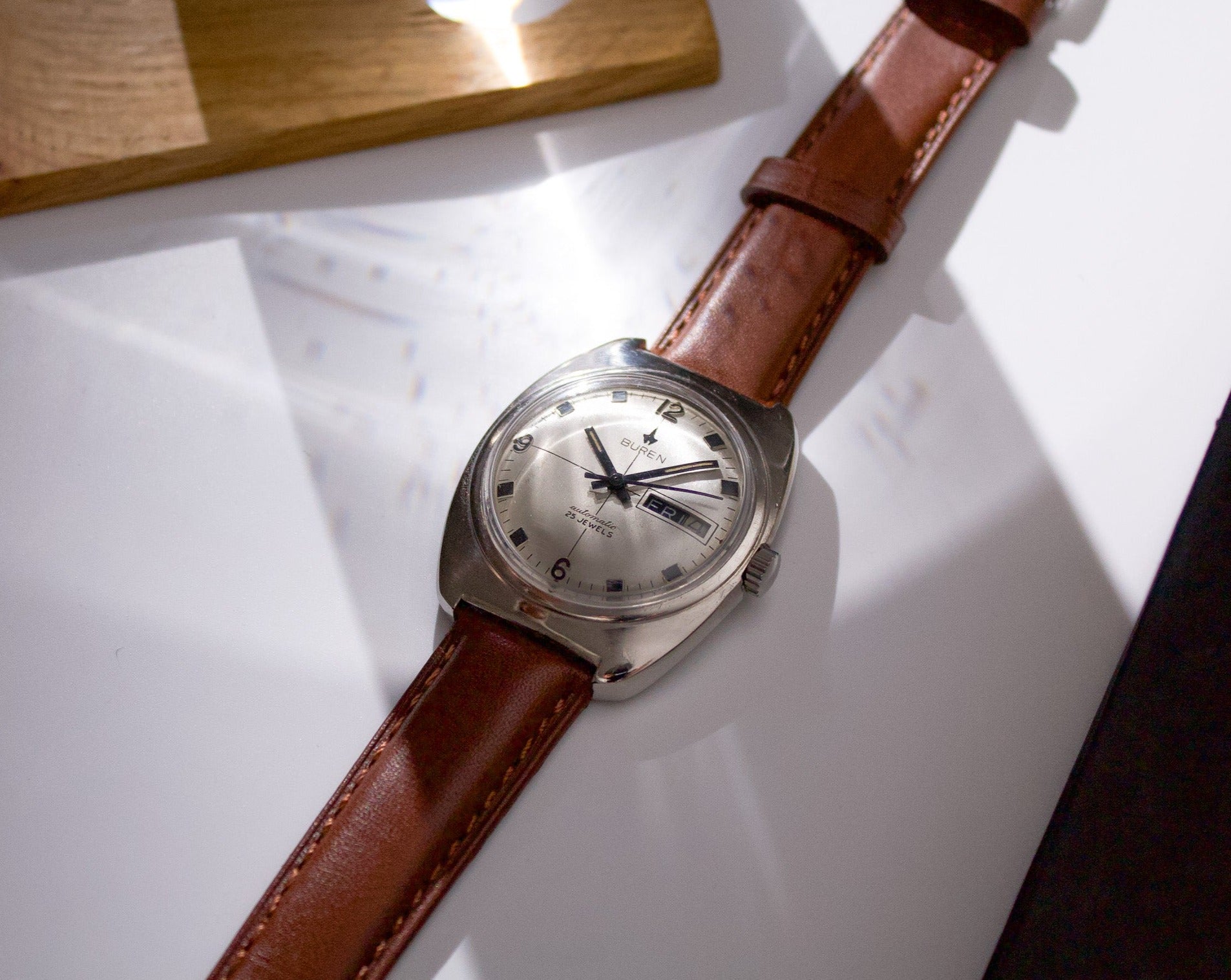 [Serviced] 1970s Swiss Buren Automatic Ivory White Dial Men's Wrist-Wa ...